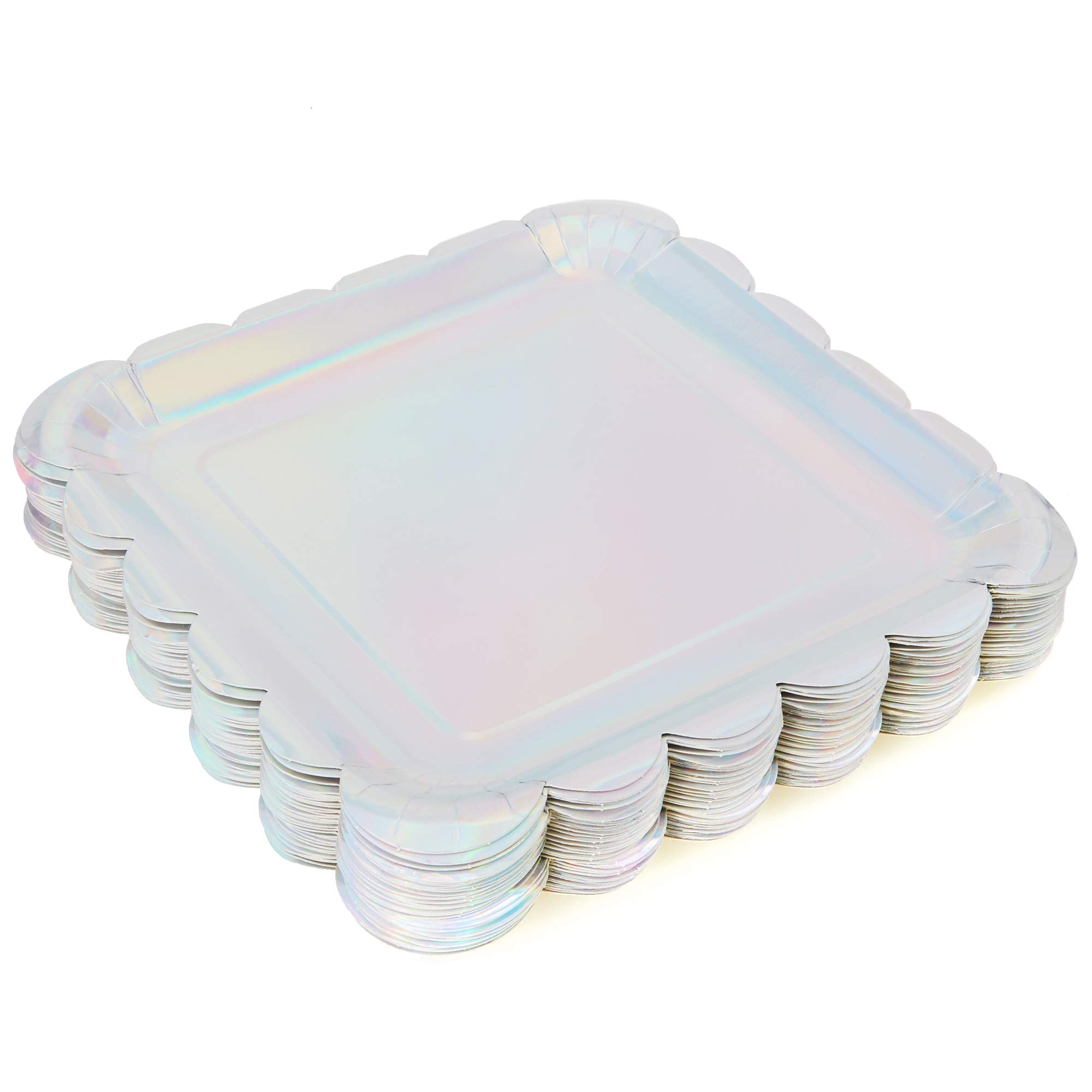 Sparkle and Bash 48-Pack Holographic Silver Foil Square Paper Plates, Scalloped Edge (9 in)