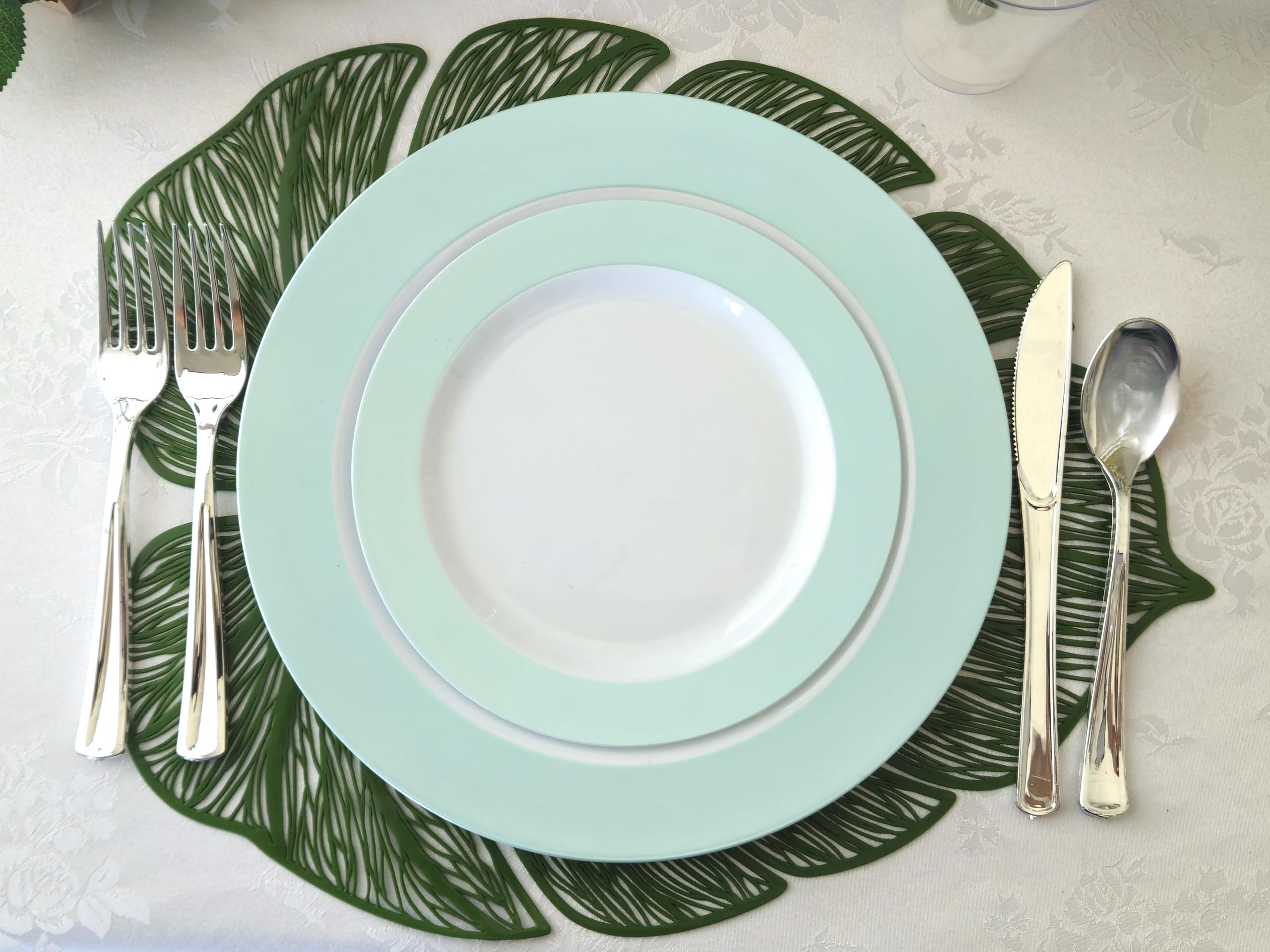 " OCCASIONS " 50 Plates Pack (25 Guests)-Wedding Party Disposable Plastic Plate Set -25x10.5'' Dinner + 25x7.5'' Salad/dessert plates (Rio, White & Pearled Turquoise Blue)