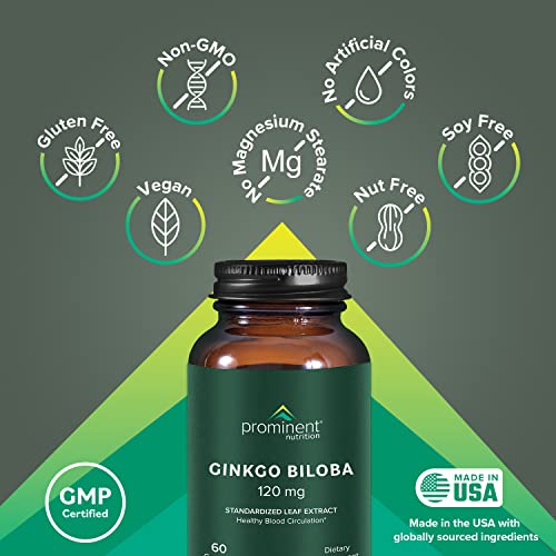 Prominent Nutrition Ginkgo Biloba 120mg - Ginkgo Biloba Leaf Extract, Herbal Supplements to Help Support Memory & Focus- Vegan, Non-GMO, Gluten-Free, Soy-Free, 60 Day Supply