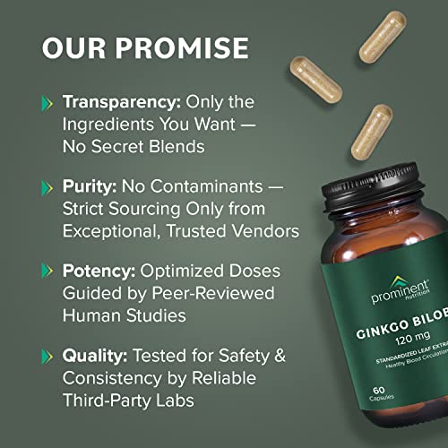 Prominent Nutrition Ginkgo Biloba 120mg - Ginkgo Biloba Leaf Extract, Herbal Supplements to Help Support Memory & Focus- Vegan, Non-GMO, Gluten-Free, Soy-Free, 60 Day Supply