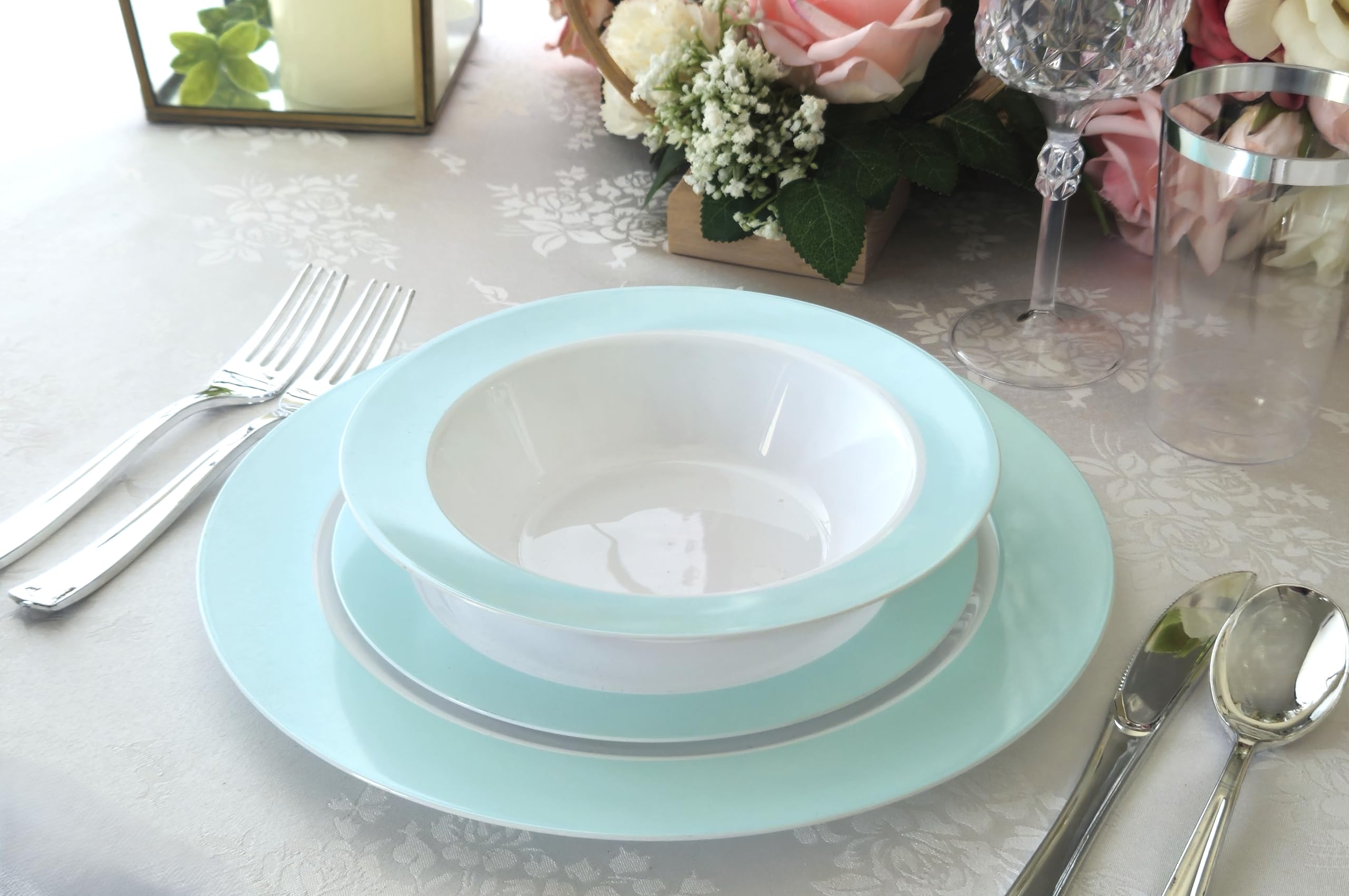 " OCCASIONS " 50 Plates Pack (25 Guests)-Wedding Party Disposable Plastic Plate Set -25x10.5'' Dinner + 25x7.5'' Salad/dessert plates (Rio, White & Pearled Turquoise Blue)