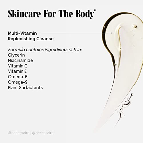 Nécessaire The Body Wash. Eucalyptus. Multi-Vitamin Gel Cleanser. Nourish, Soften. Hypoallergenic. Dermatologist-Tested. No SLS / SLES. 250 ml / 8.4 fl oz