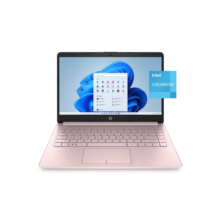 HP 2023 14-inch HD Laptop, Intel Celeron N4120, 16GB RAM, 64GB Storage, Win 11 H in S Mode, One Year of Microsoft 365, Pink
