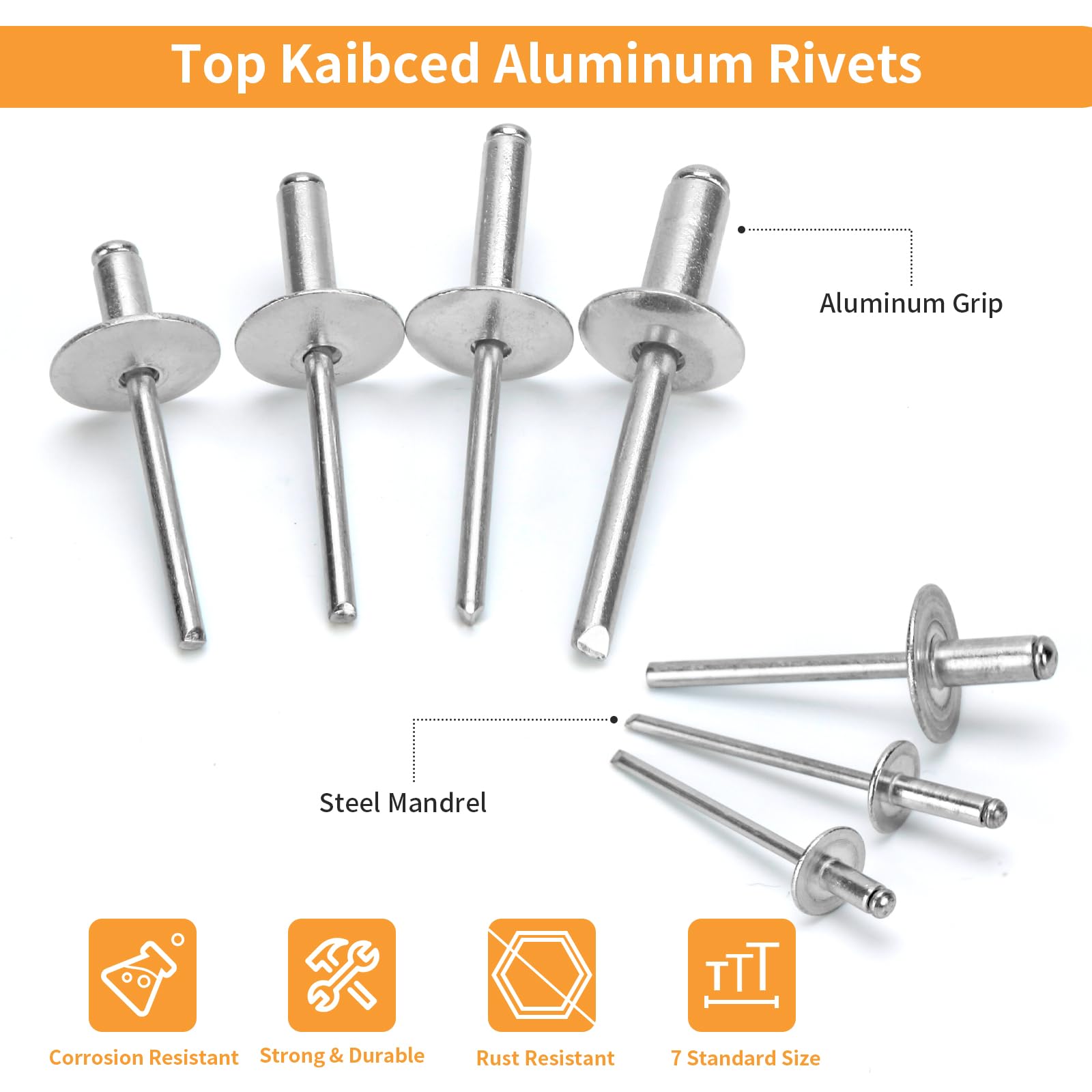 200PCS Pop Rivets Assortment Kit, Kaibced Large Flange Aluminum Rivets(1/8" 3/16" 1/4") Assorted Blind Rivets with Case (Black)