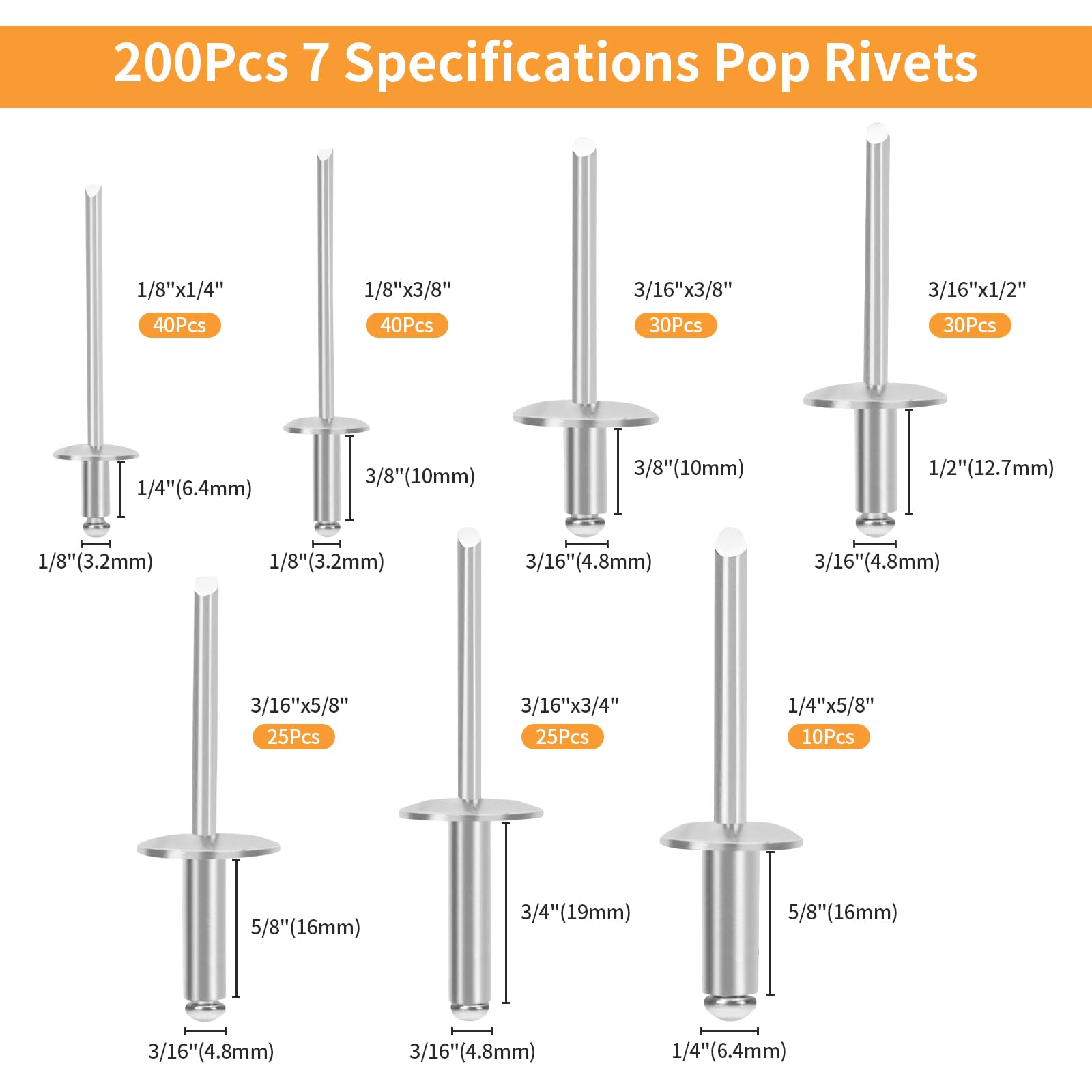 200PCS Pop Rivets Assortment Kit, Kaibced Large Flange Aluminum Rivets(1/8" 3/16" 1/4") Assorted Blind Rivets with Case (Black)