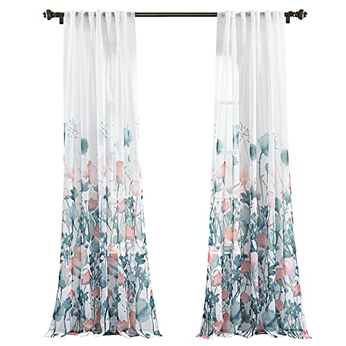 Lush Decor Zuri Flora Sheer Window Curtain Panel Pair, 84" Long x 38" Wide, Blue & Coral