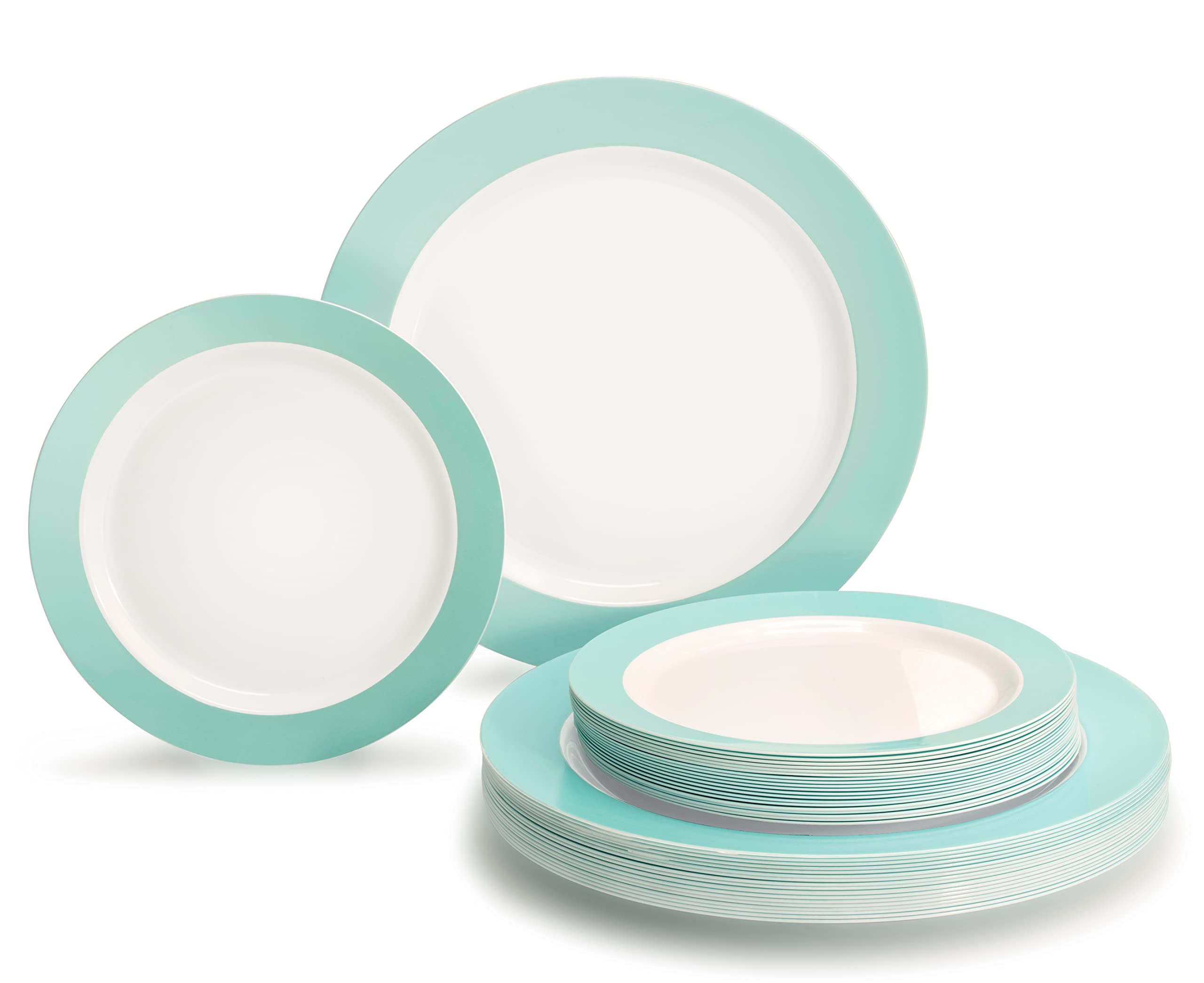 " OCCASIONS " 50 Plates Pack (25 Guests)-Wedding Party Disposable Plastic Plate Set -25x10.5'' Dinner + 25x7.5'' Salad/dessert plates (Rio, White & Pearled Turquoise Blue)