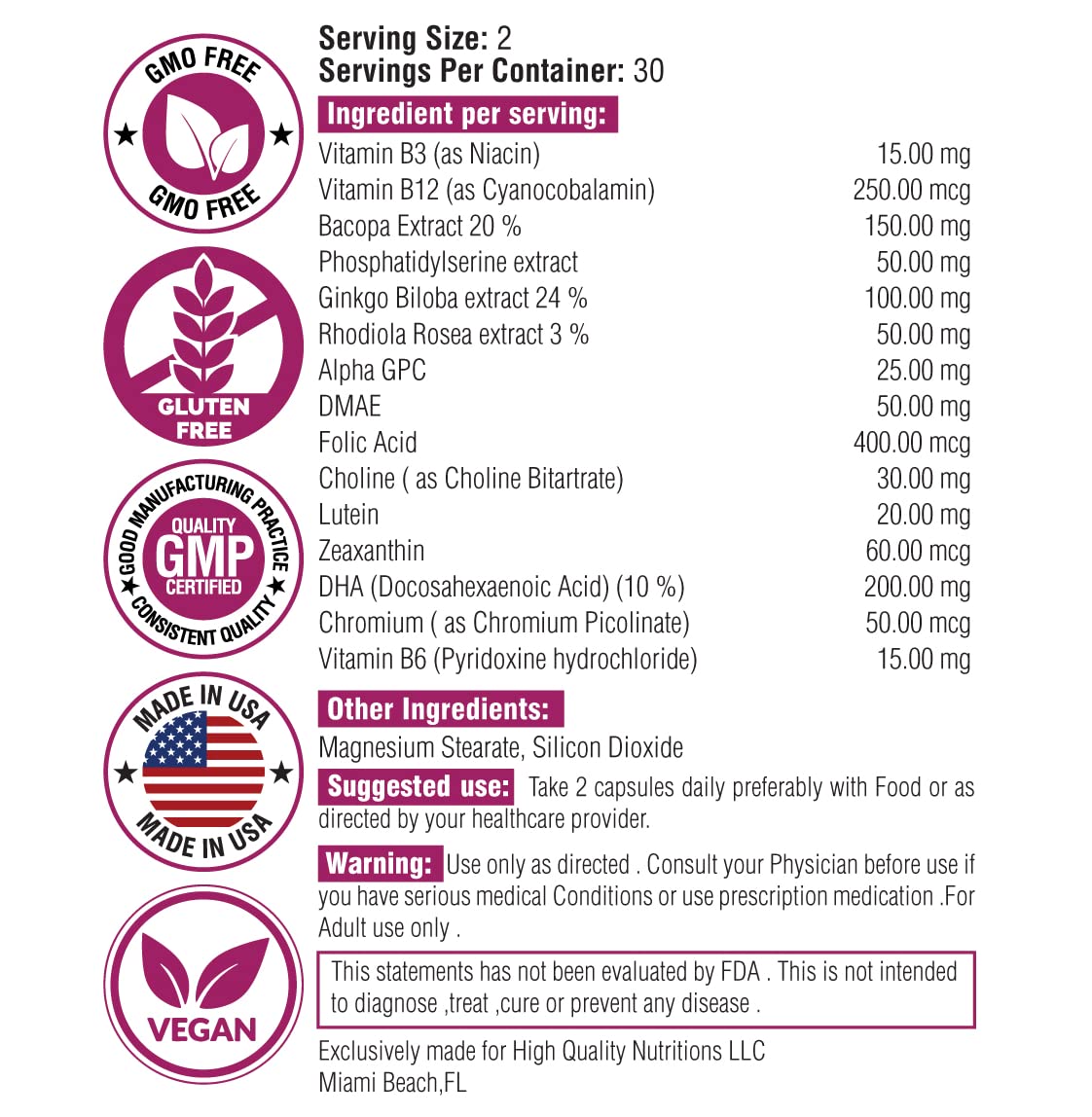 Neuro Ultra | High Quality Brain Booster |Improve Focus,Memory,Concentration & Clarity with HQ IngredientsDHA,AlphaGPC,B3,6,12,Ginkgo biloba,Bacopa,Lutein,Choline & More. Caffeine Free.