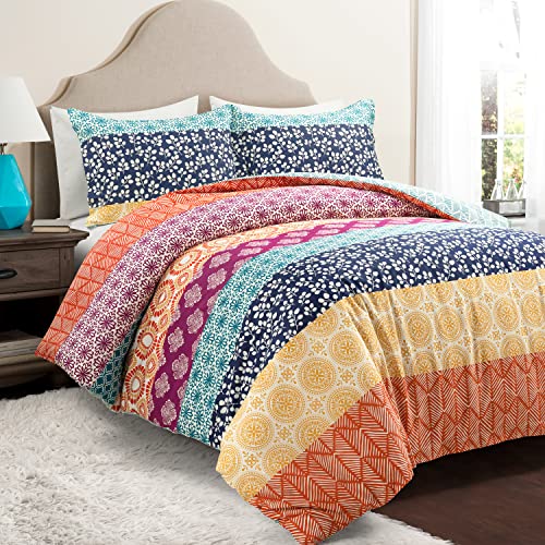 Lush Decor Bohemian Stripe Reversible 3 Piece Cotton Duvet Cover Set, King, Fuchsia & Orange