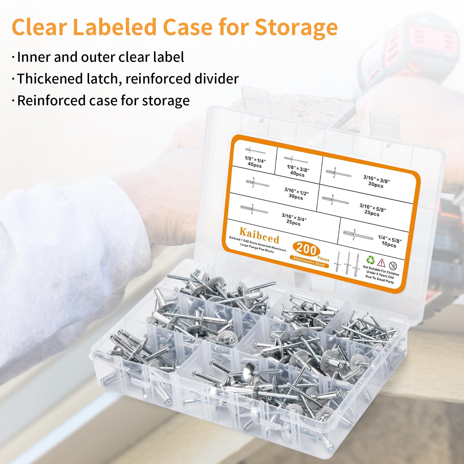 200PCS Pop Rivets Assortment Kit, Kaibced Large Flange Aluminum Rivets(1/8" 3/16" 1/4") Assorted Blind Rivets with Case (Black)
