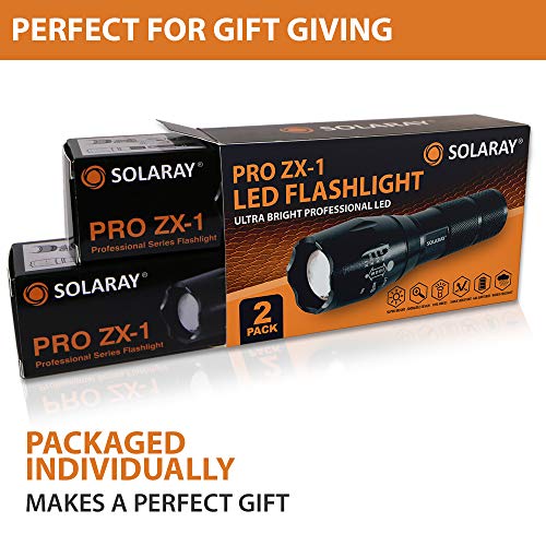 Solaray (New) Handheld LED Tactical Flashlights – Professional Series ZX-1 (2 Pack) – Bright High Lumen, 5 Light Modes, Adjustable Focus, Water Resistant - Great Gift for Men
