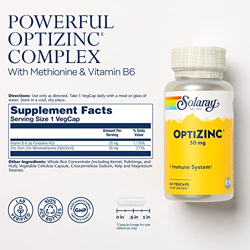 Solaray OptiZinc 30mg Immune Support Supplement, Chelated Zinc Capsules, Endocrine Systems and Cellular Health Support, with Methionine, Vitamin B6 and NO Copper, 60-Day Guarantee, 60 Serv, 60 VegCaps