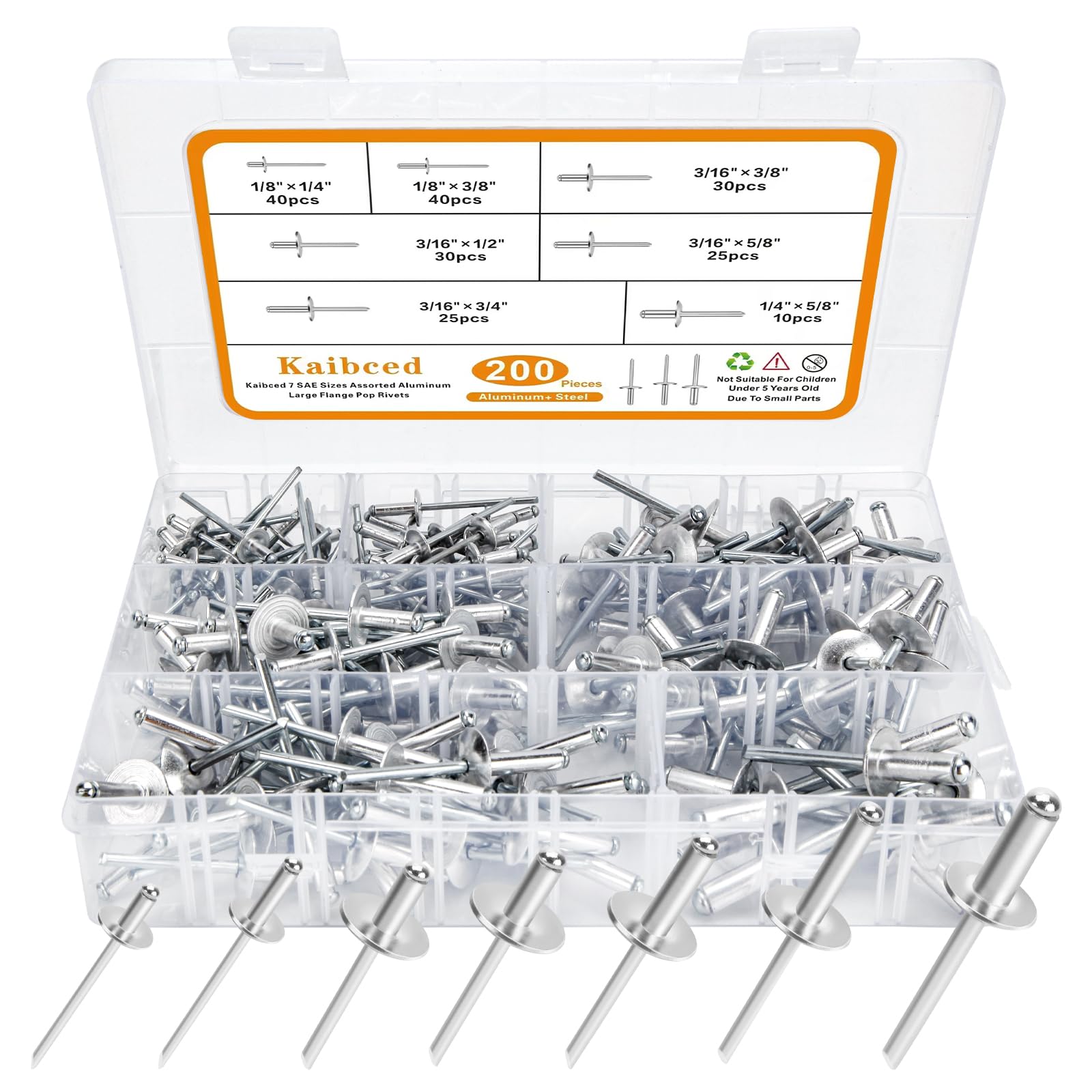 200PCS Pop Rivets Assortment Kit, Kaibced Large Flange Aluminum Rivets(1/8" 3/16" 1/4") Assorted Blind Rivets with Case (Black)