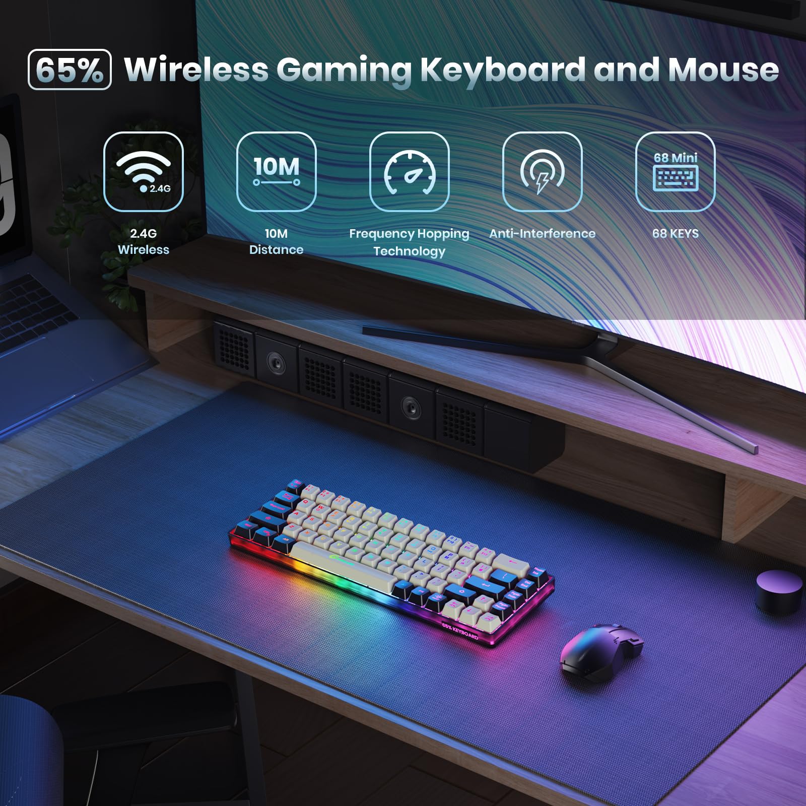GEODMAER 65% Wireless Gaming Keyboard, Rechargeable Backlit Gaming Keyboard, 68 Keys Ultra-Compact Anti-Ghosting No-Conflict Keyboard for PC Laptop Gamer (White-Black)