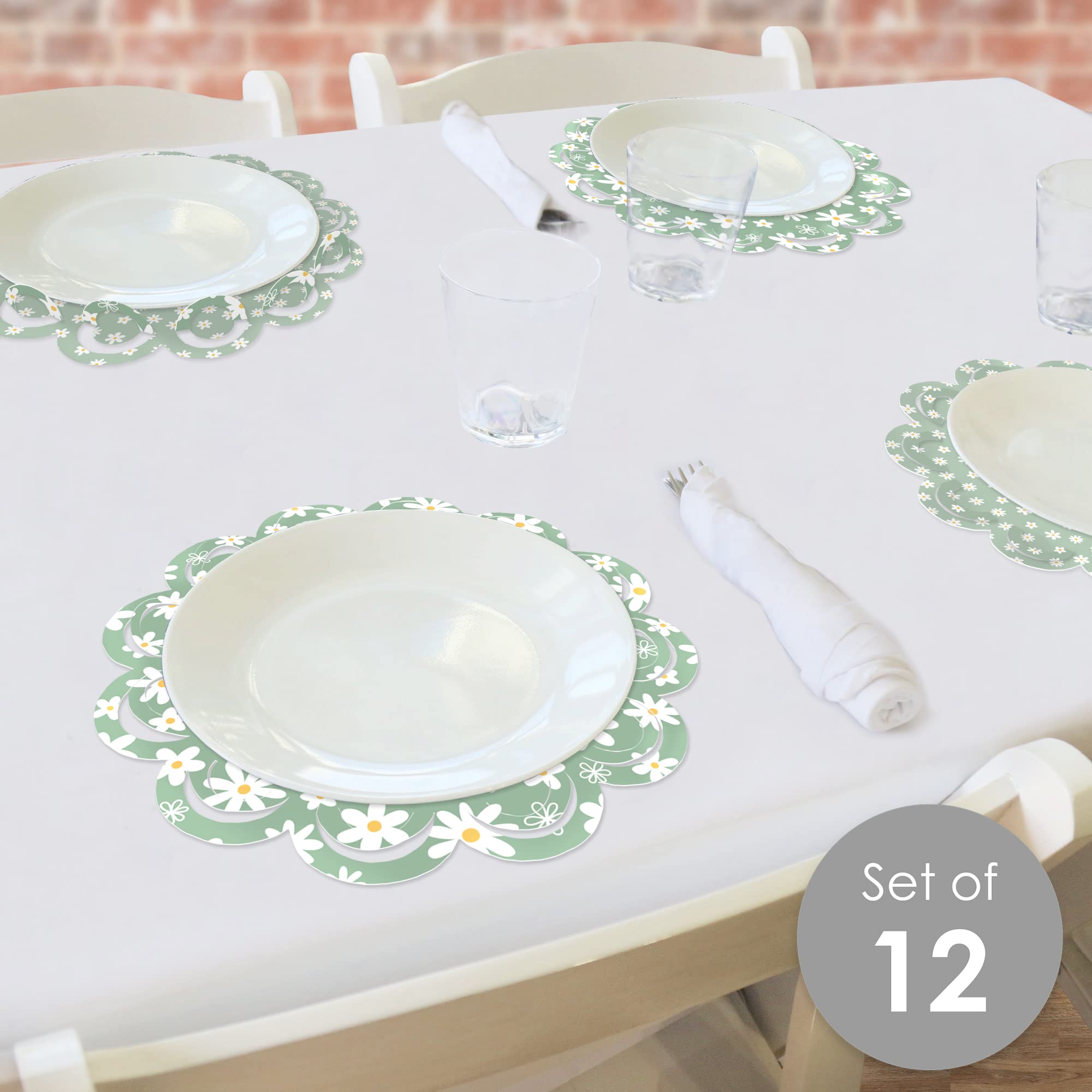 Big Dot of Happiness Sage Green Daisy Flowers - Floral Party Round Table Decorations - Paper Chargers - Place Setting For 12