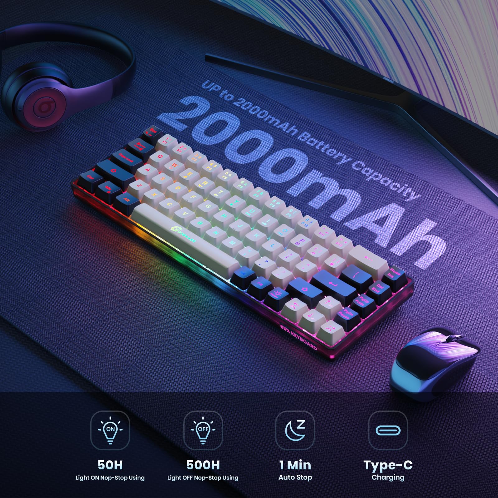 GEODMAER 65% Wireless Gaming Keyboard, Rechargeable Backlit Gaming Keyboard, 68 Keys Ultra-Compact Anti-Ghosting No-Conflict Keyboard for PC Laptop Gamer (White-Black)