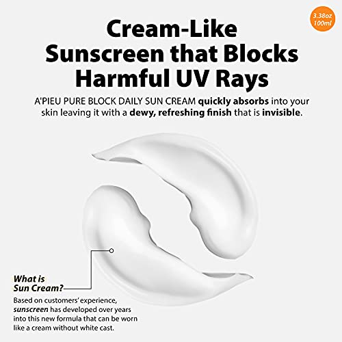 A'PIEU Pure Block Daily Sunscreen Cream SPF45/PA+++ Large Size 3.38 fl oz (100ml) | Non-Greasy No White Cast Reef Safe Korean Sunscreen for Face