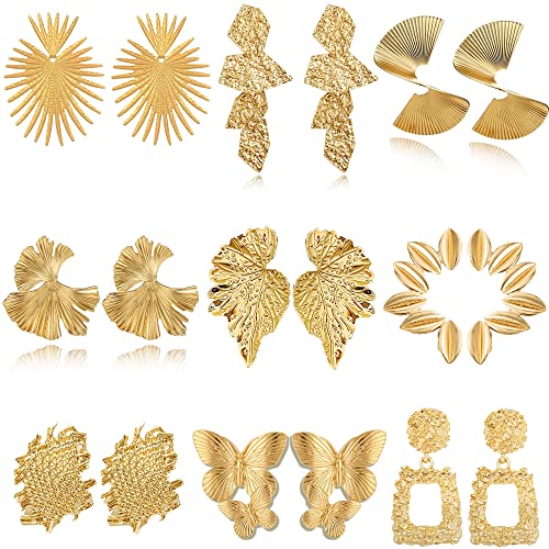 Jewdreamer 9 Pairs Gold Geometric Earrings for Women Exaggerated Statement Earrings Stylish Twisted Ginkgo Leaf Earrings Gold Plated Big Boho Drop Dangle Earrings Jewelry Gift