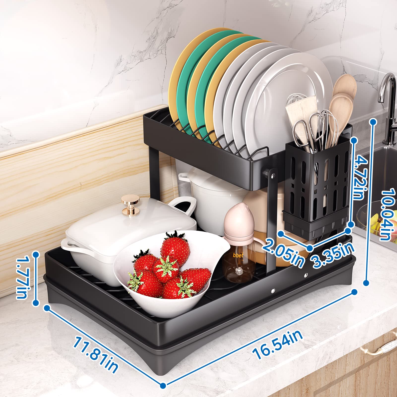 PXRACK Dish Drying Rack, Collapsible 2 Tier Stainless Steel Dish Rack and Drainboard Set for Kitchen Counter, Large Rustproof Dish Drainer with Removable Water Tray, Utensil Holder, Black