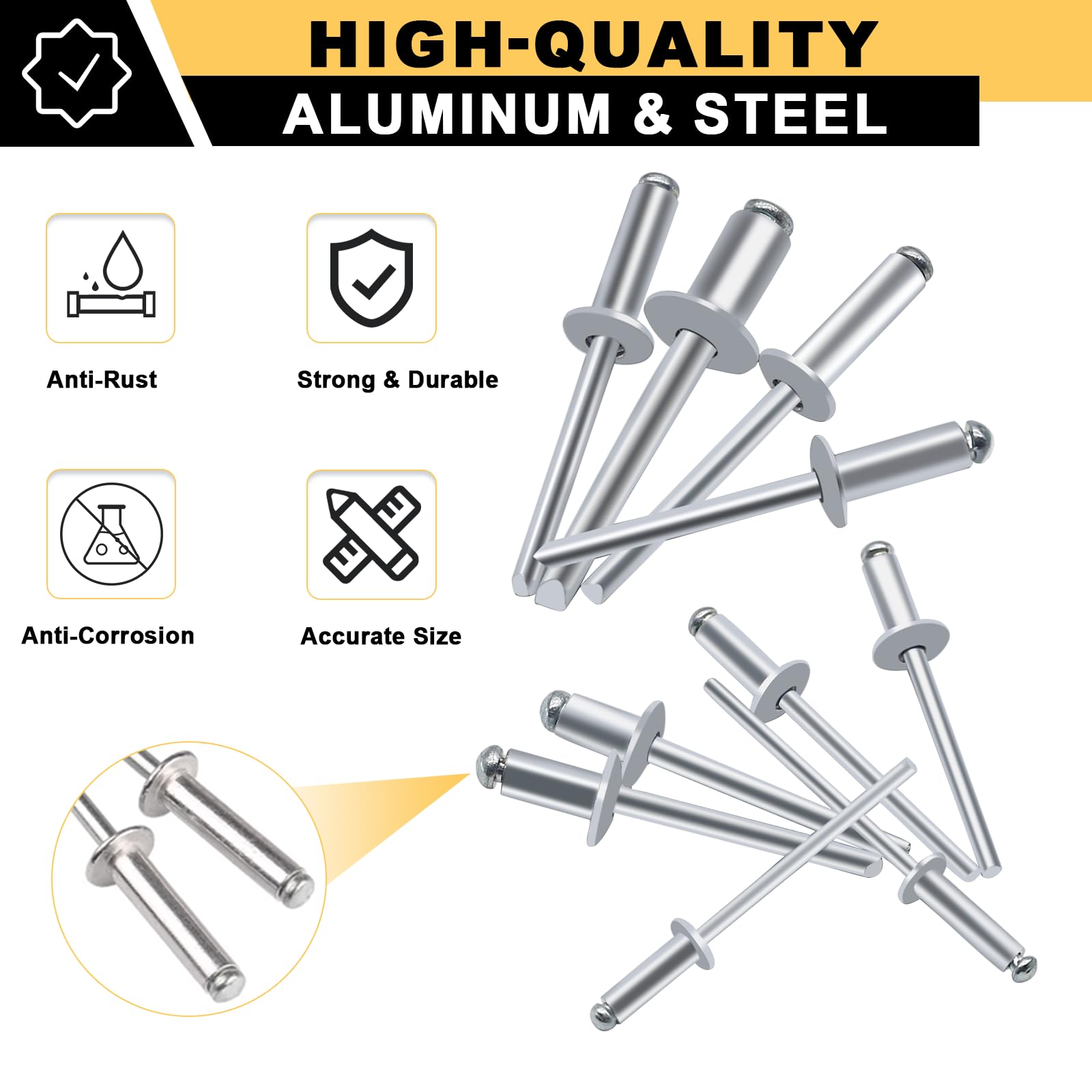 Siptenk 530PCS Pop Blind Rivets Assortment Kit, SAE Aluminum Assorted Rivet Set 14 Sizes 3/32" 1/8" 5/32" 3/16" 1/4" Pop Rivet Kit for Metal
