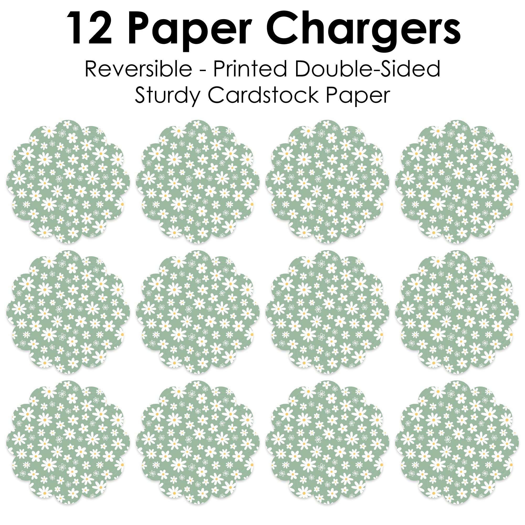 Big Dot of Happiness Sage Green Daisy Flowers - Floral Party Round Table Decorations - Paper Chargers - Place Setting For 12