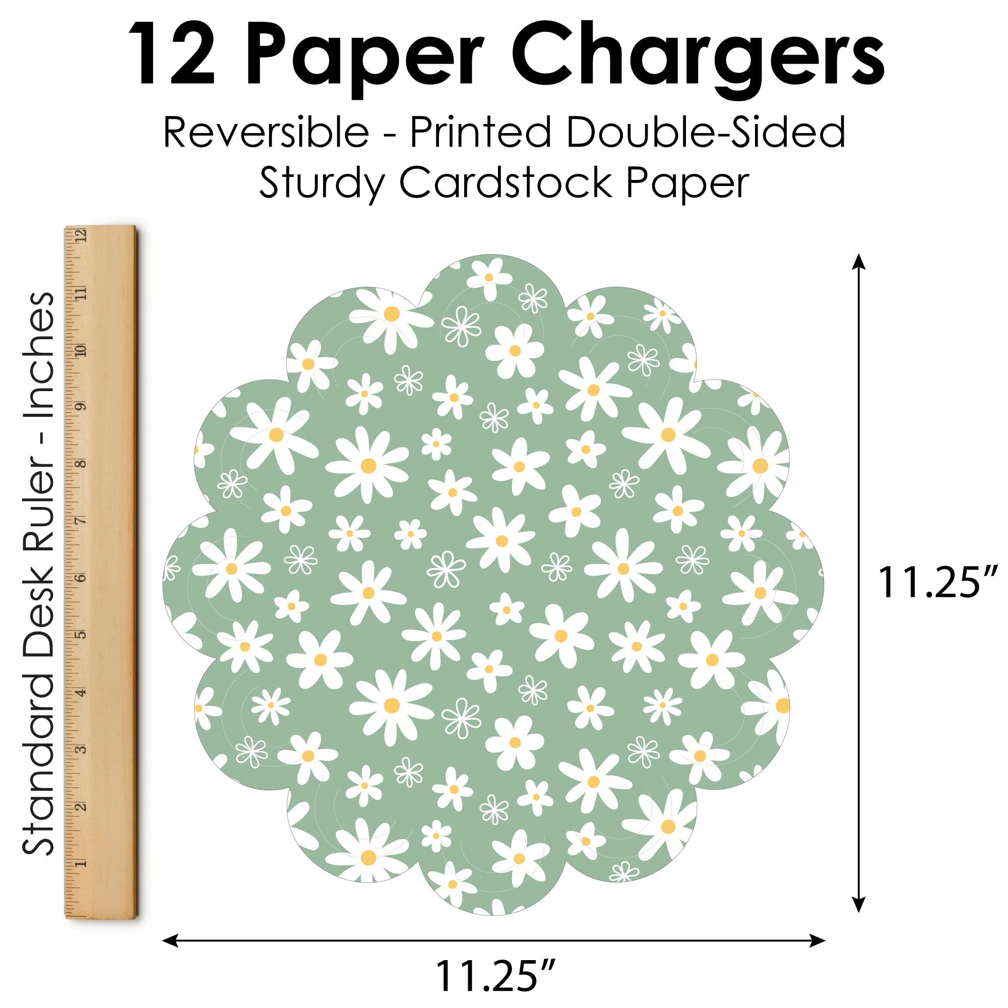 Big Dot of Happiness Sage Green Daisy Flowers - Floral Party Round Table Decorations - Paper Chargers - Place Setting For 12