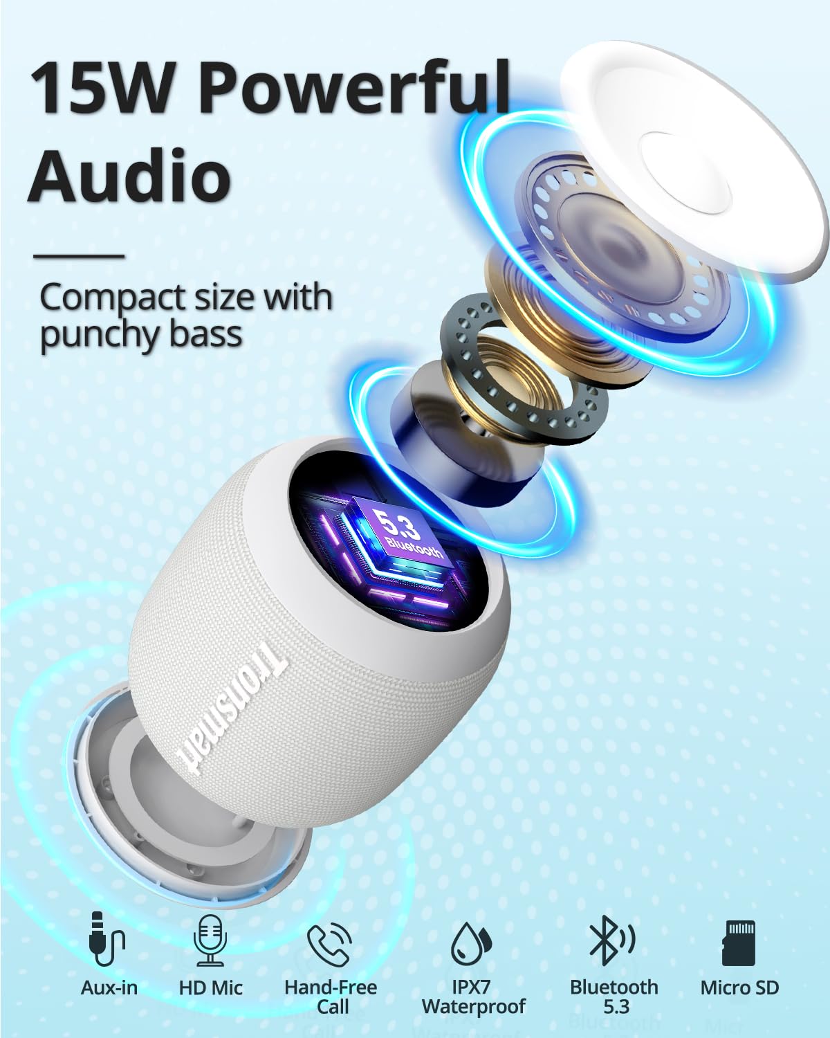 Tronsmart T7 Mini Compact Portable Bluetooth Speaker with Lights, Stereo Sound, Bluetooth 5.3, 18H Playtime, Stereo Pairing, Voice Assistant, IPX7 Waterproof Shower Speaker & Outdoor Speakers (Grey)
