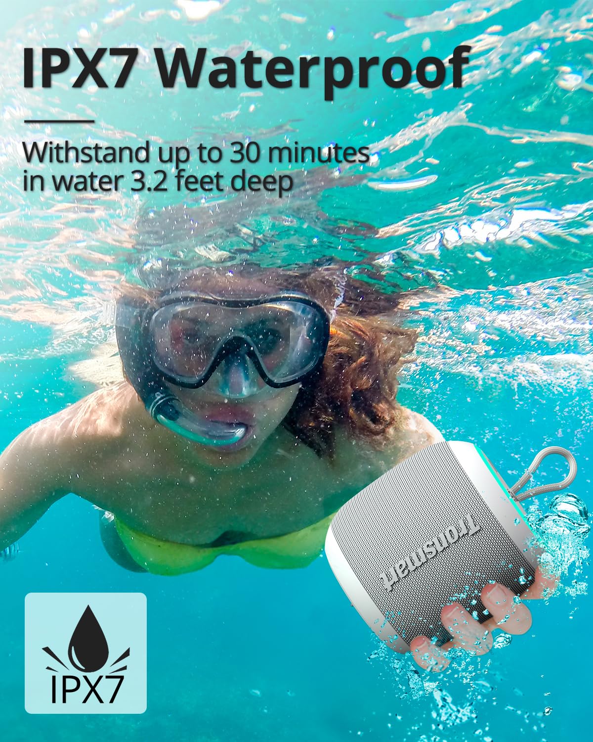 Tronsmart T7 Mini Compact Portable Bluetooth Speaker with Lights, Stereo Sound, Bluetooth 5.3, 18H Playtime, Stereo Pairing, Voice Assistant, IPX7 Waterproof Shower Speaker & Outdoor Speakers (Grey)