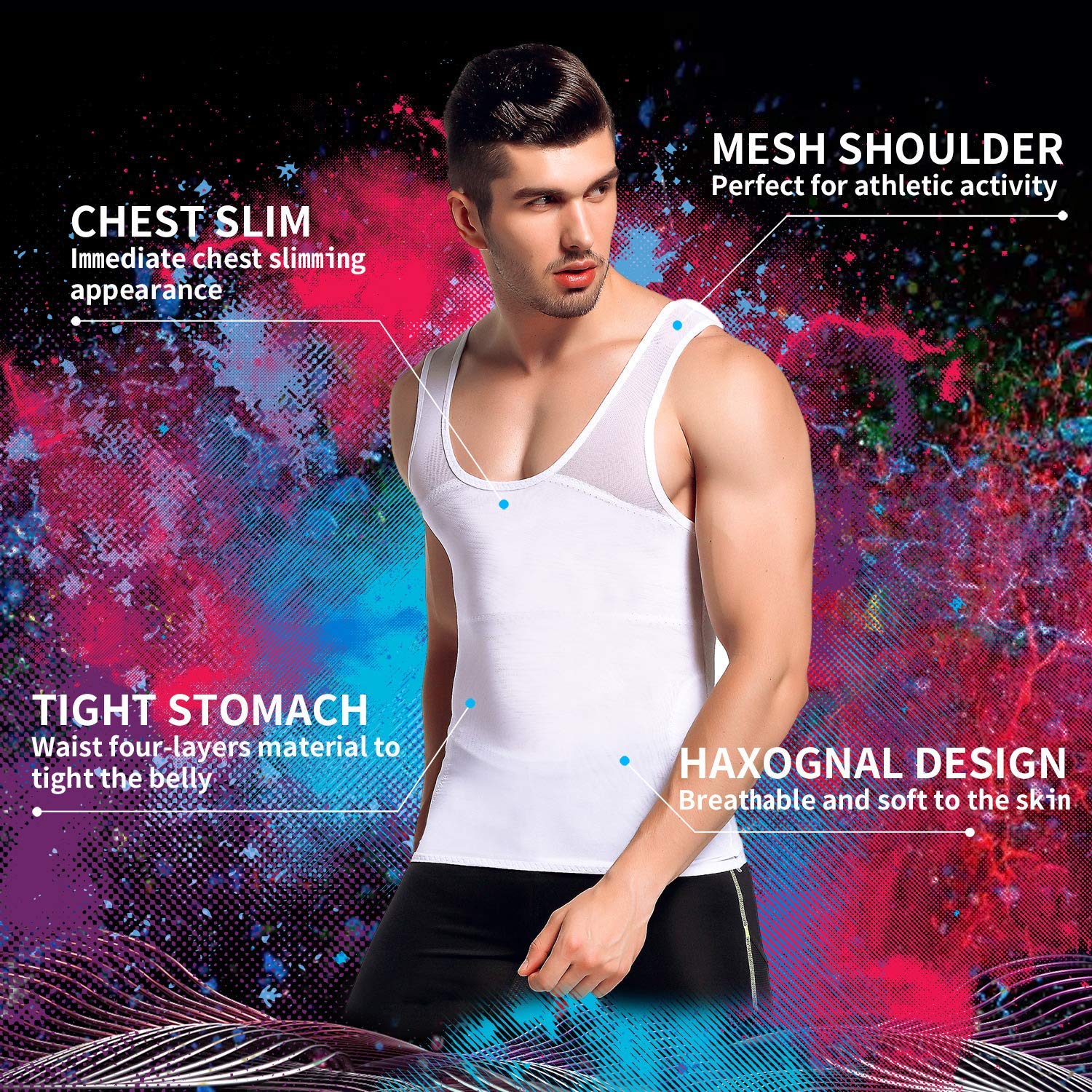 GKVK Mens Slimming Body Shaper Vest Chest Compression Shirt Abs Abdomen Slim Tank Top Undershirt, White, Medium