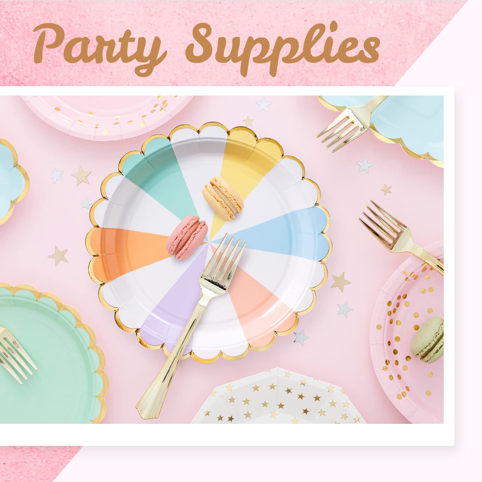 Confettiville Party Paper Plates, 50-Pack, Disposable Paper Plates, Gold Foil Scalloped Edge, Striped Pastel, 9-Inch