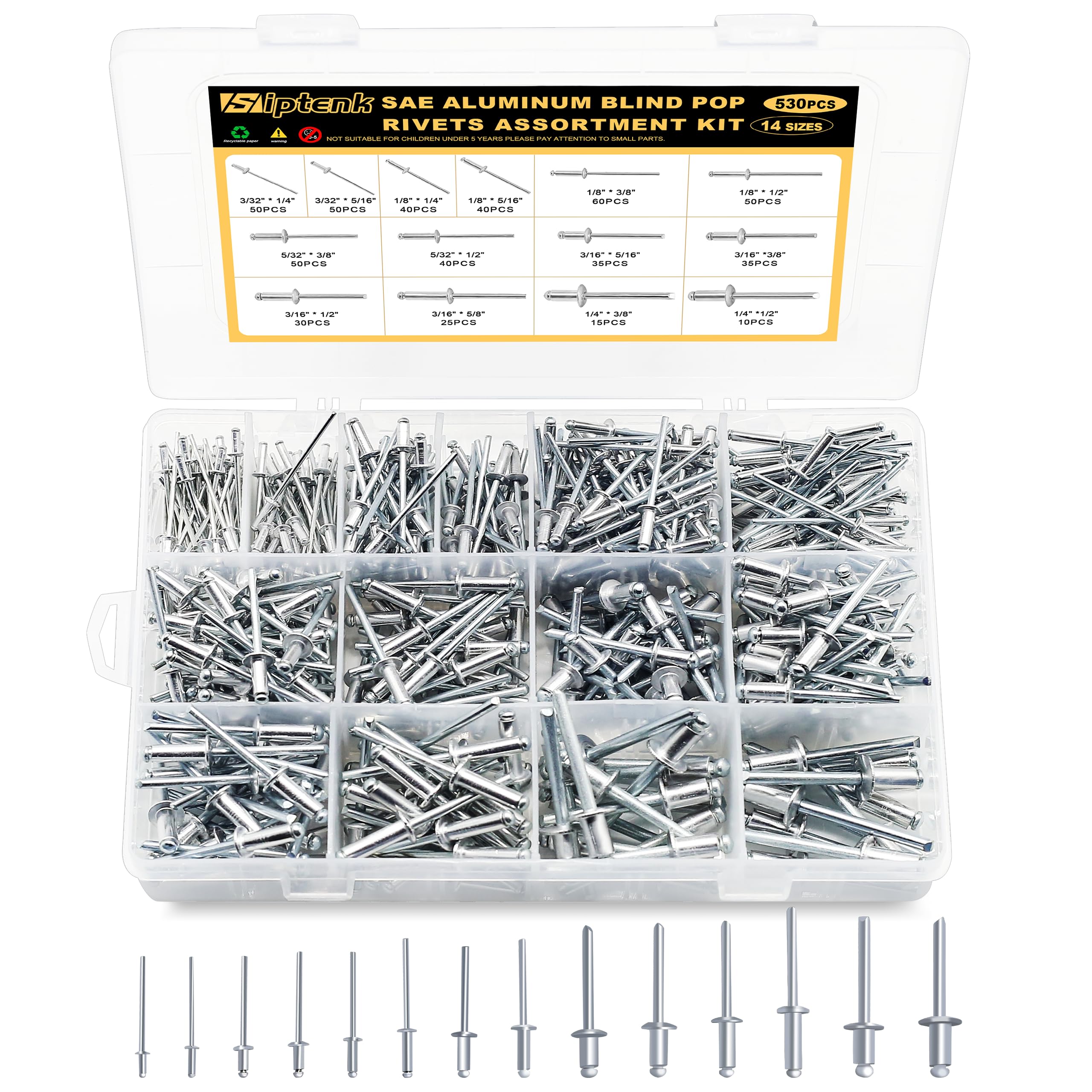 Siptenk 530PCS Pop Blind Rivets Assortment Kit, SAE Aluminum Assorted Rivet Set 14 Sizes 3/32" 1/8" 5/32" 3/16" 1/4" Pop Rivet Kit for Metal