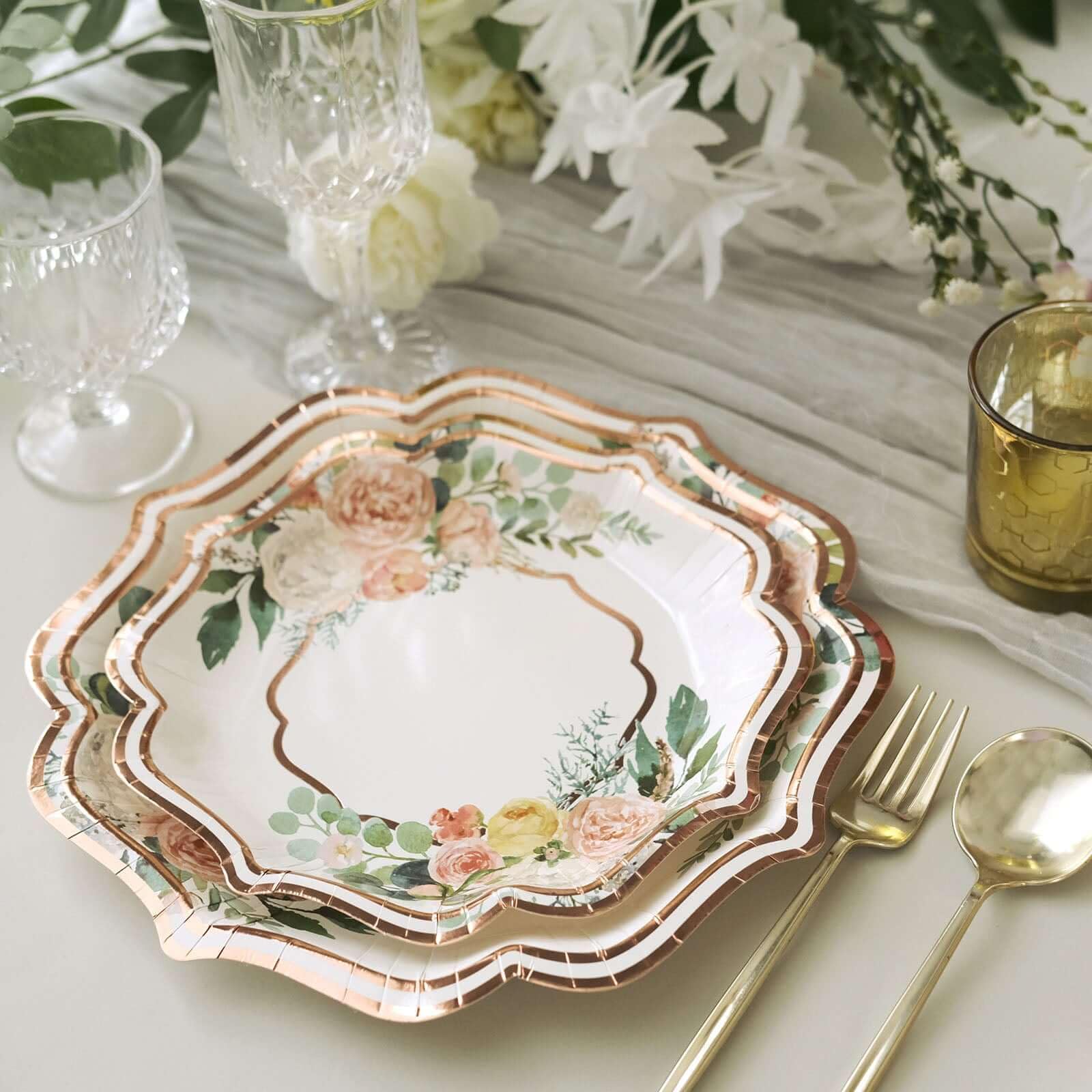 Efavormart 25 Pack | Floral 10" Scallop Rim Dinner Party Paper Plates, Disposable Plates - 300 GSM