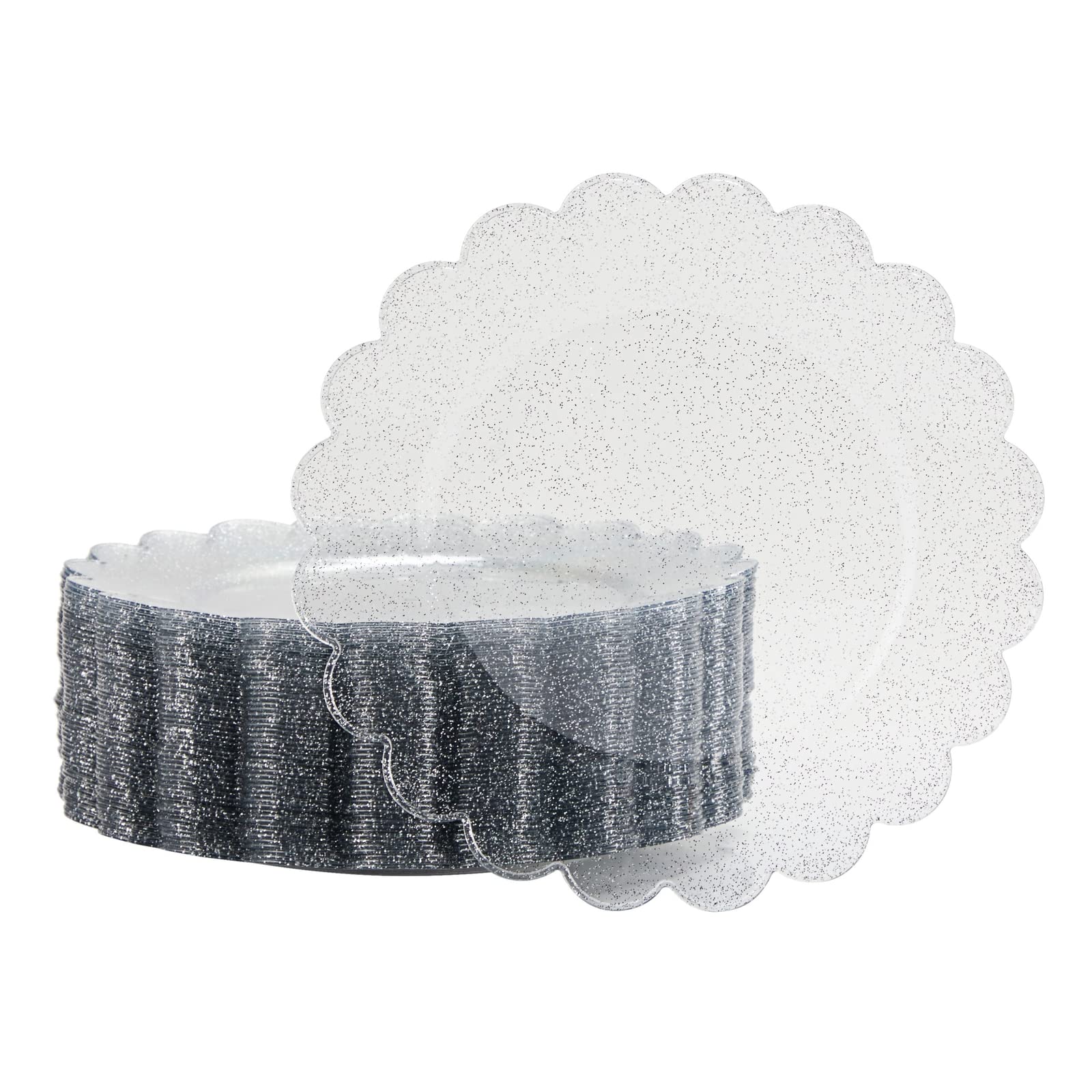 BLUE PANDA 50 Pack Silver Plastic Plates for Party Supplies, 9 Inch Disposable Silver Glitter Plastic Plates with Scalloped Edges