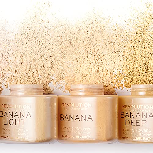 Makeup Revolution Loose Baking Powder, Make Up Setting Powder, Provides Long-lasting Coverage, Reduces Shine, For Medium To Dark Skin Tones, Banana Deep, 32g