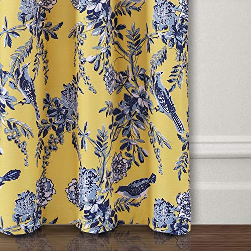 Lush Decor, Yellow and Blue Farmhouse Bird and Flower Insulated Grommet Blackout Window Curtain Panel Pair, 95'' x 38', 95 in x 38