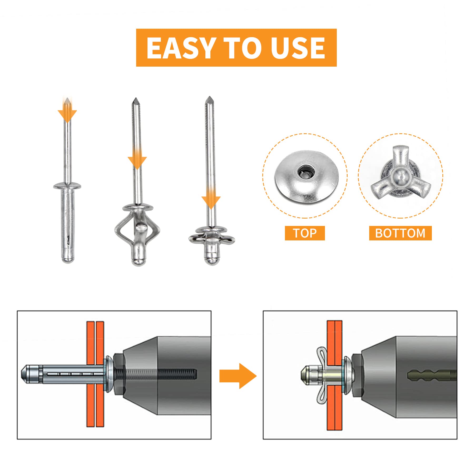 ALLCLEAN 3/16" x 1" Tri-Fold Rivets Assortment - 50Pcs,Silver Tri-fold Exploding Pop Rivets Solid Aluminum Tri Grip Rivets Bulb Style Rivets for Kayak Marine Boat