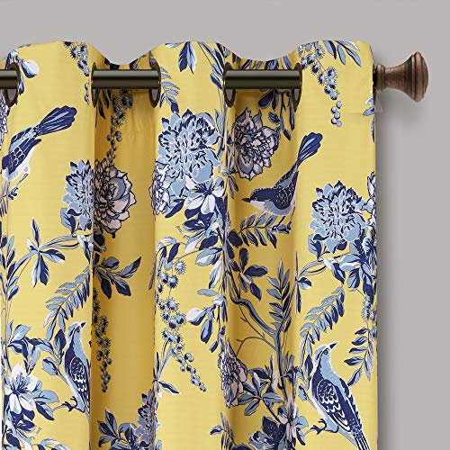 Lush Decor, Yellow and Blue Farmhouse Bird and Flower Insulated Grommet Blackout Window Curtain Panel Pair, 95'' x 38', 95 in x 38