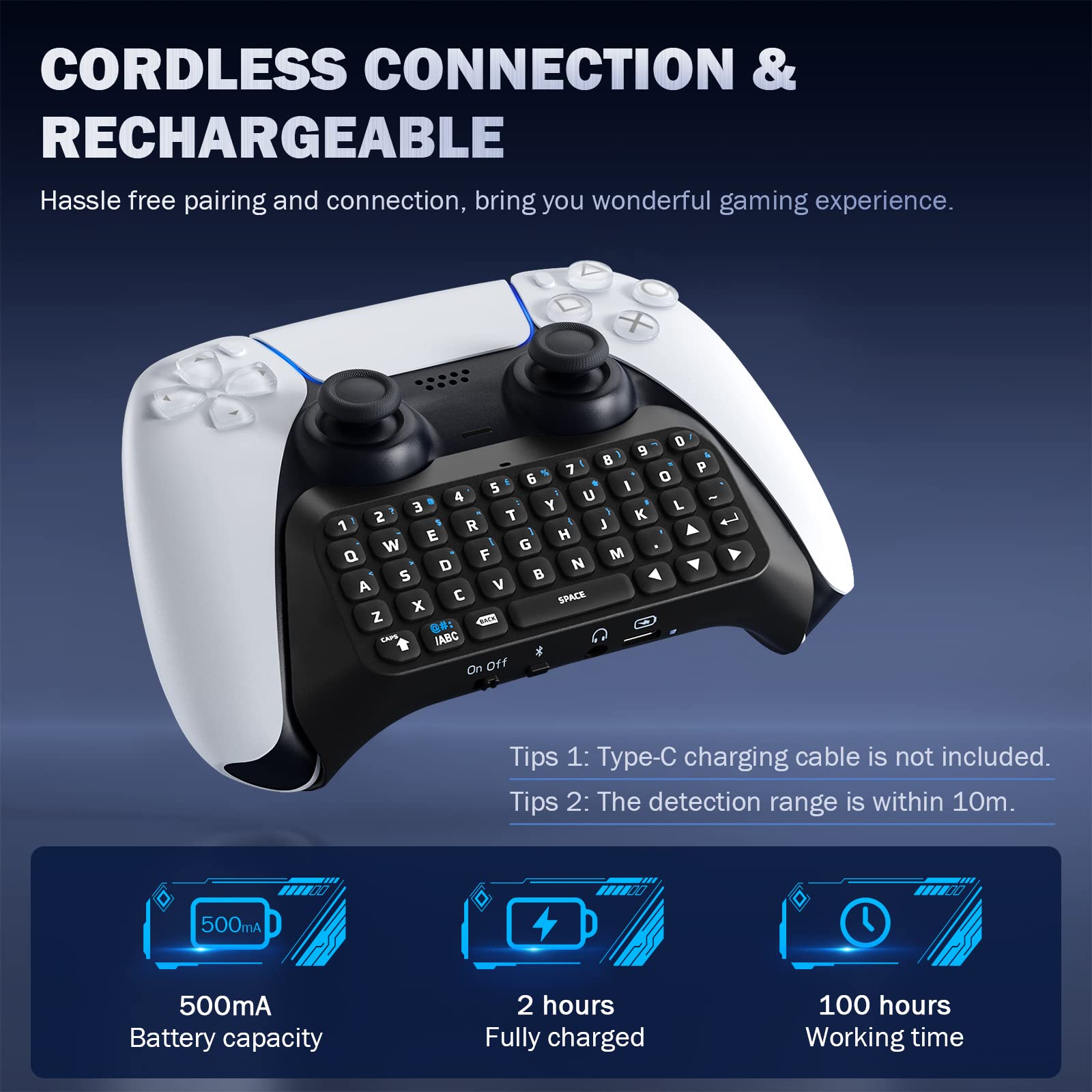 MoKo Keyboard for PS5 Controller, PS5 Bluetooth Wireless Mini Keyboard Chatpad for PlayStation 5 Controller, Game Keypad Built-in Speaker with 3.5mm Audio Jack for Messaging and Game Live Chat, Black