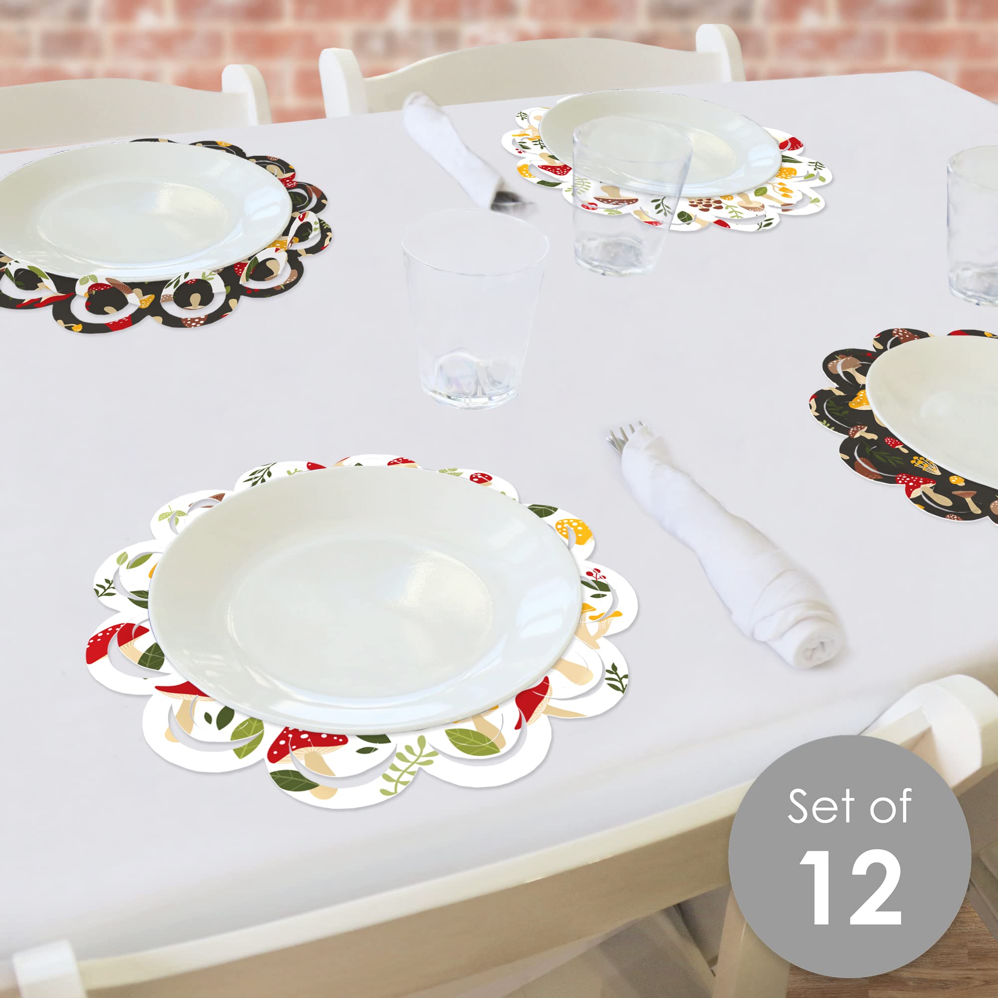 Big Dot of Happiness Wild Mushrooms - Red Toadstool Party Round Table Decorations - Paper Chargers - Place Setting For 12