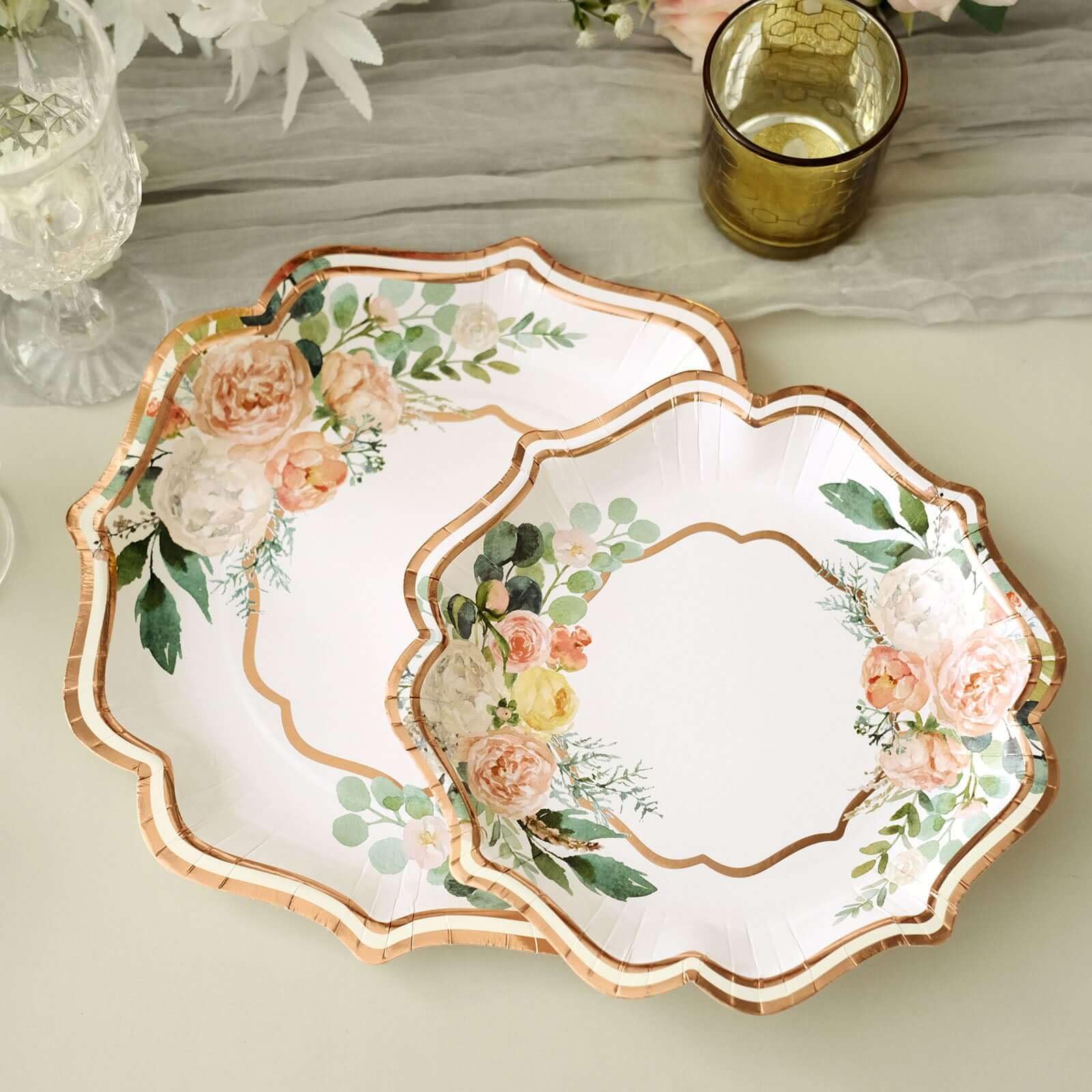 Efavormart 25 Pack | Floral 10" Scallop Rim Dinner Party Paper Plates, Disposable Plates - 300 GSM