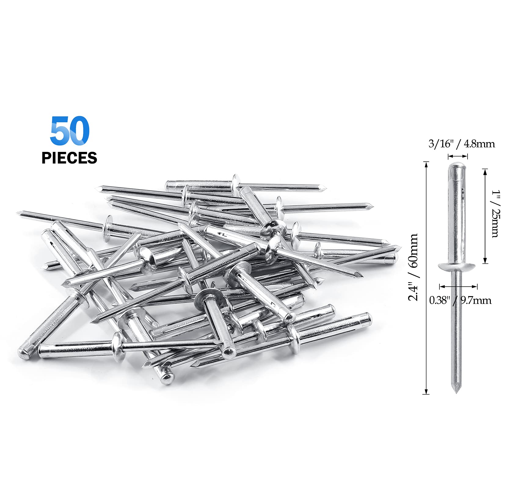 Jersvimc 3/16" x 1" Trifold Exploding Pop Rivets, Solid Aluminum Tri Grip Rivets Bulb Style Rivets Large Flange Rivets Big Headed Rivets for Kayak Marine Boat - 50Pcs