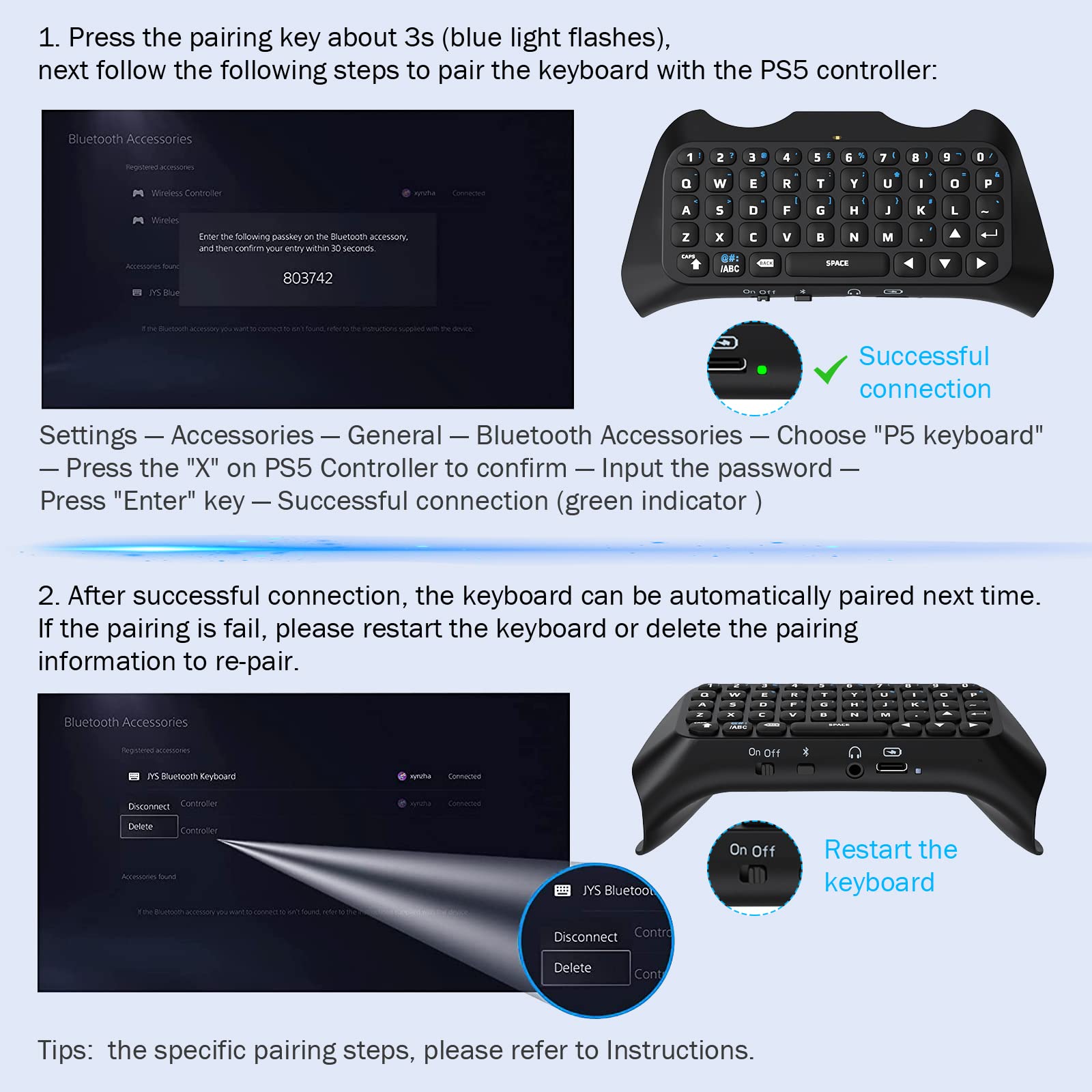 MoKo Keyboard for PS5 Controller, PS5 Bluetooth Wireless Mini Keyboard Chatpad for PlayStation 5 Controller, Game Keypad Built-in Speaker with 3.5mm Audio Jack for Messaging and Game Live Chat, Black