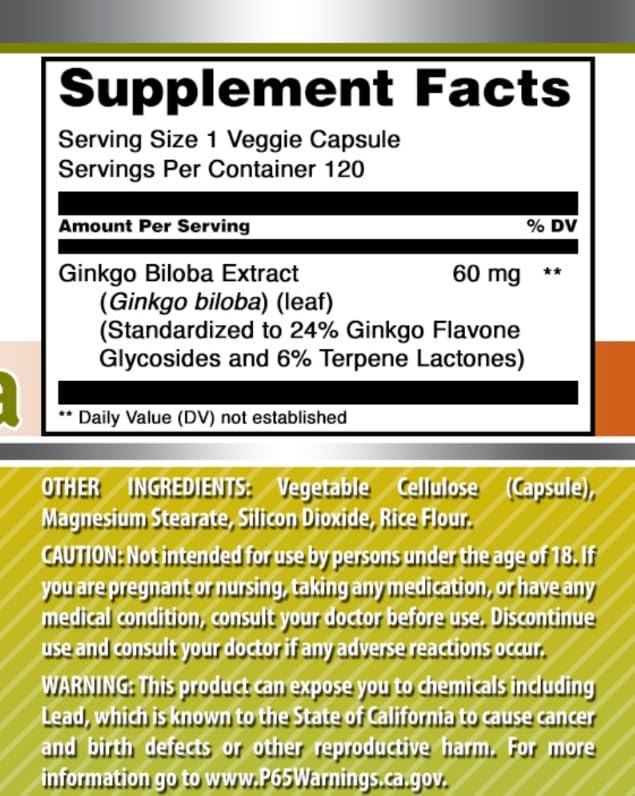 Amazing Formulas Ginkgo Biloba Supplement | 60 Mg | 120 Veggie Capsules | Non-GMO | Gluten Free | Made in USA