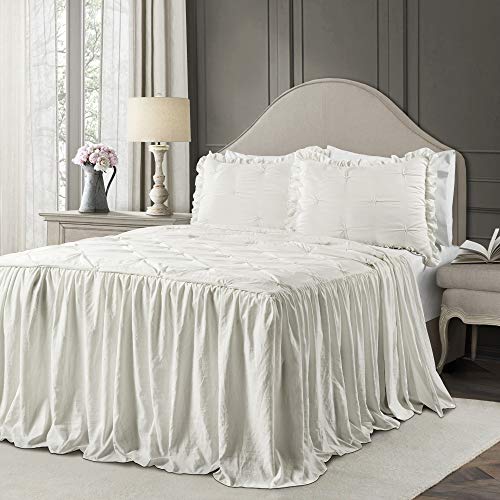 Lush Decor Ravello Pintuck Ruffle Skirt Bedspread Vintage Chic Farmhouse Style Lightweight 3 Piece Set, Queen, White