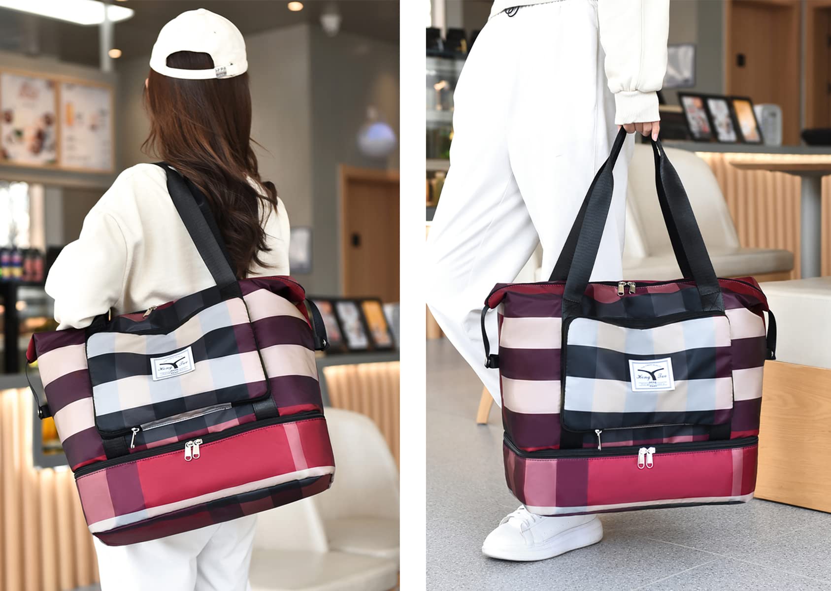 NWLR 2022 New Foldable Dry/Wet Separation Travel Duffel Bag with Shoe Compartment Large Capacity Folding Weekender Overnight Bag Lightweight Waterproof Gym Tote Bag (B-Red)