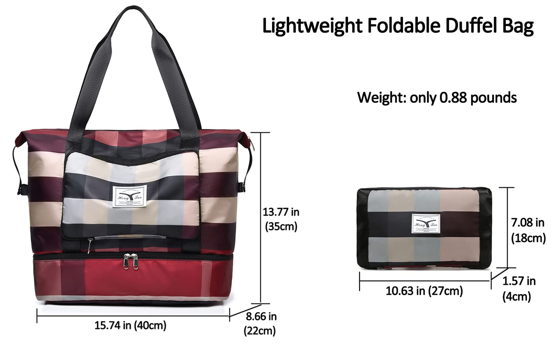 NWLR 2022 New Foldable Dry/Wet Separation Travel Duffel Bag with Shoe Compartment Large Capacity Folding Weekender Overnight Bag Lightweight Waterproof Gym Tote Bag (B-Red)