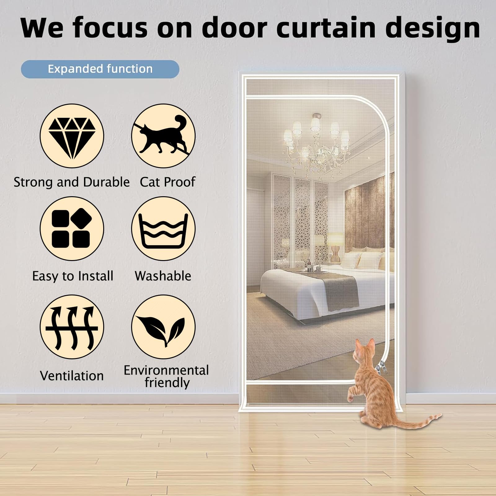 Upgraded Pet Screen Door Fits Doors Up to 36"x84",Heavy Duty Cat Proof Mesh Screen Door with Zipper Closure,Prevent Cats Running Out from Home,Bedroom,Living Room,Kitchen,(White)