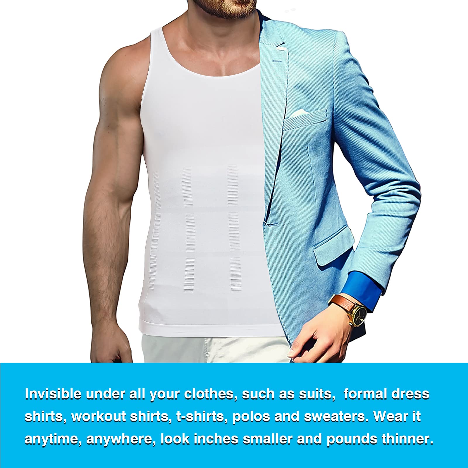 KOCLES Mens Athletic Compression Shirt Slimming Body Shaper Tank Top Abs Abdomen Slim Vest Undershirt (White, Large)