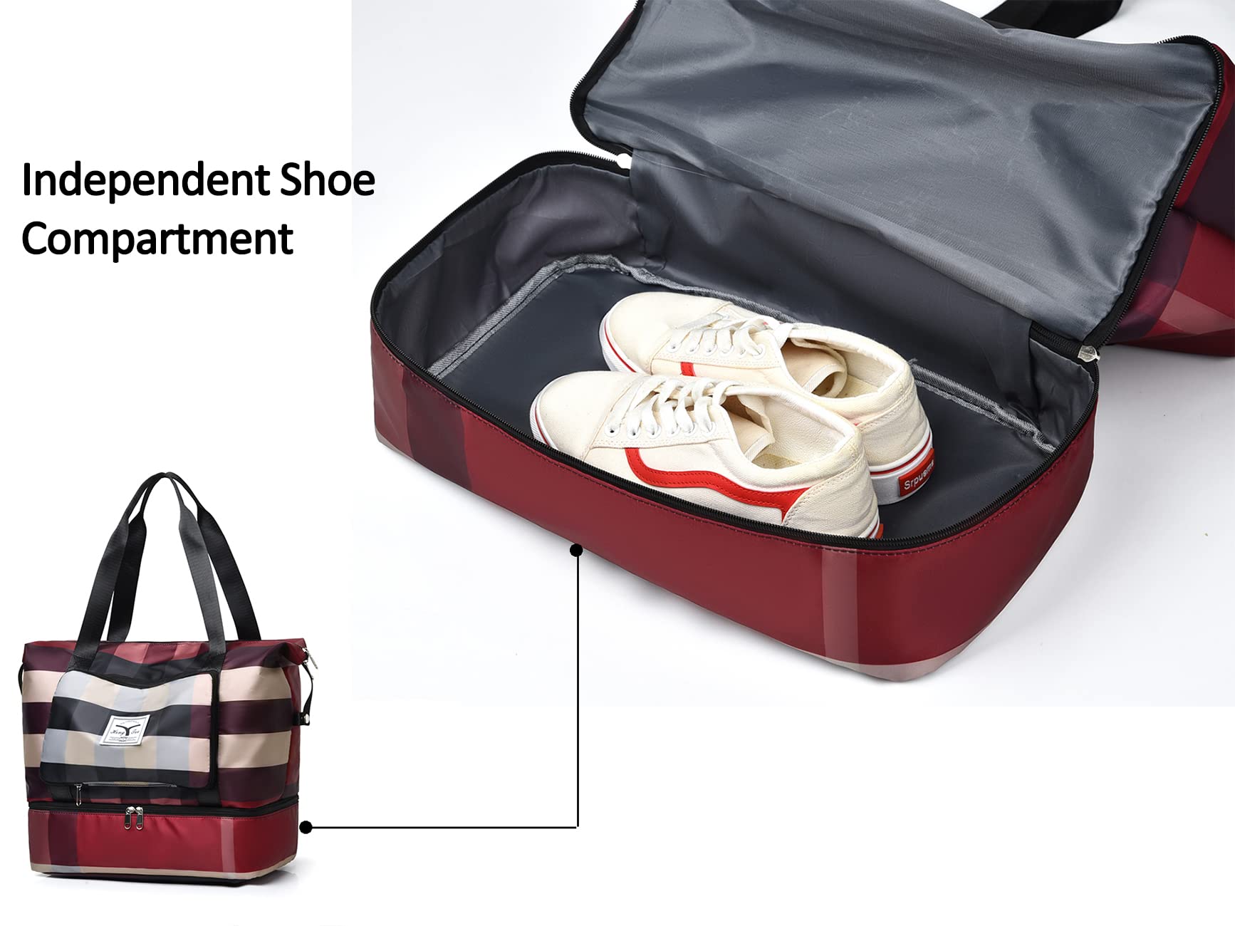 NWLR 2022 New Foldable Dry/Wet Separation Travel Duffel Bag with Shoe Compartment Large Capacity Folding Weekender Overnight Bag Lightweight Waterproof Gym Tote Bag (B-Red)