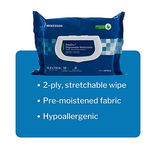 McKesson StayDry Disposable Wipes or Washcloths for Adults with Aloe, Incontinence, Alcohol-Free, 50 Wipes, 12 Packs, 600 Total